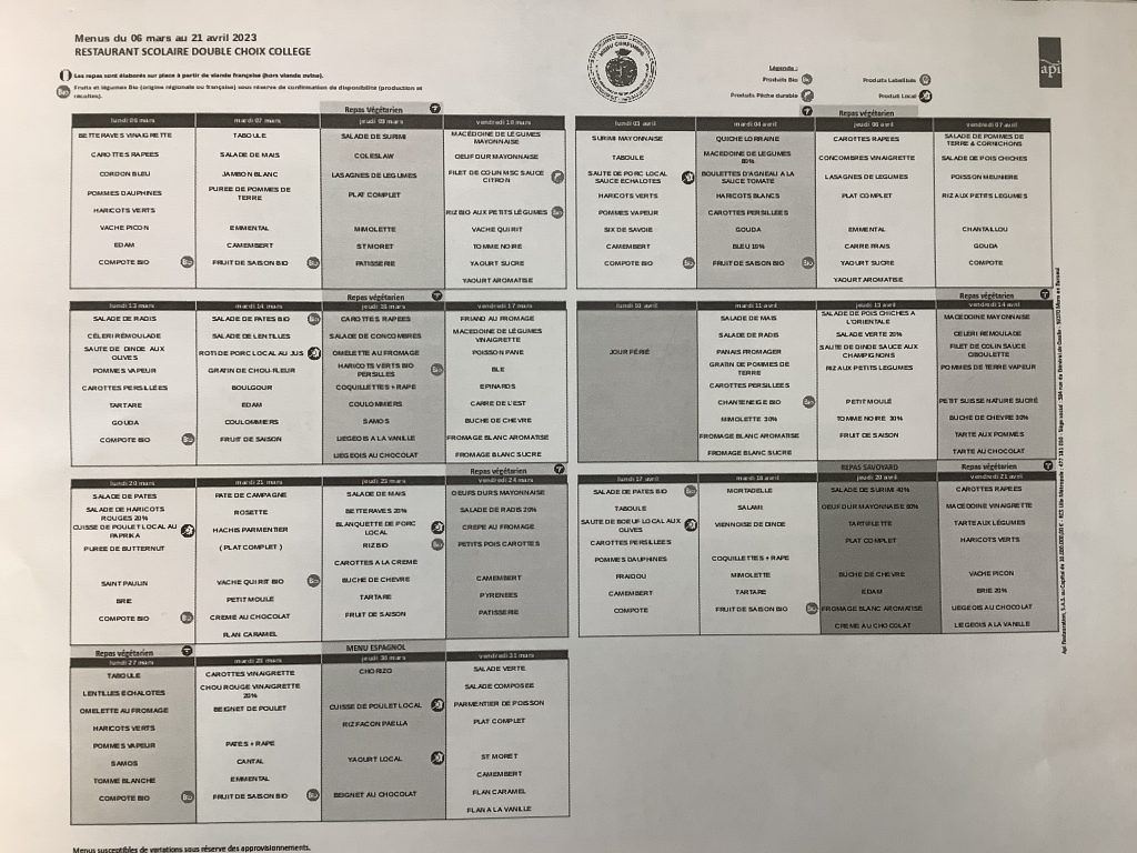 Menus self collège du 6 mars au 21 avril. - Ensemble scolaire St Pierre ...